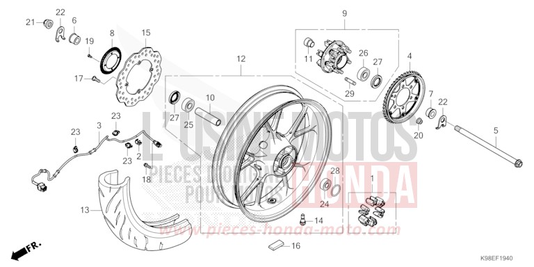 ROUE ARRIERE de CB125R CANDY CHROMOSPHERE RED (R381) de 2021